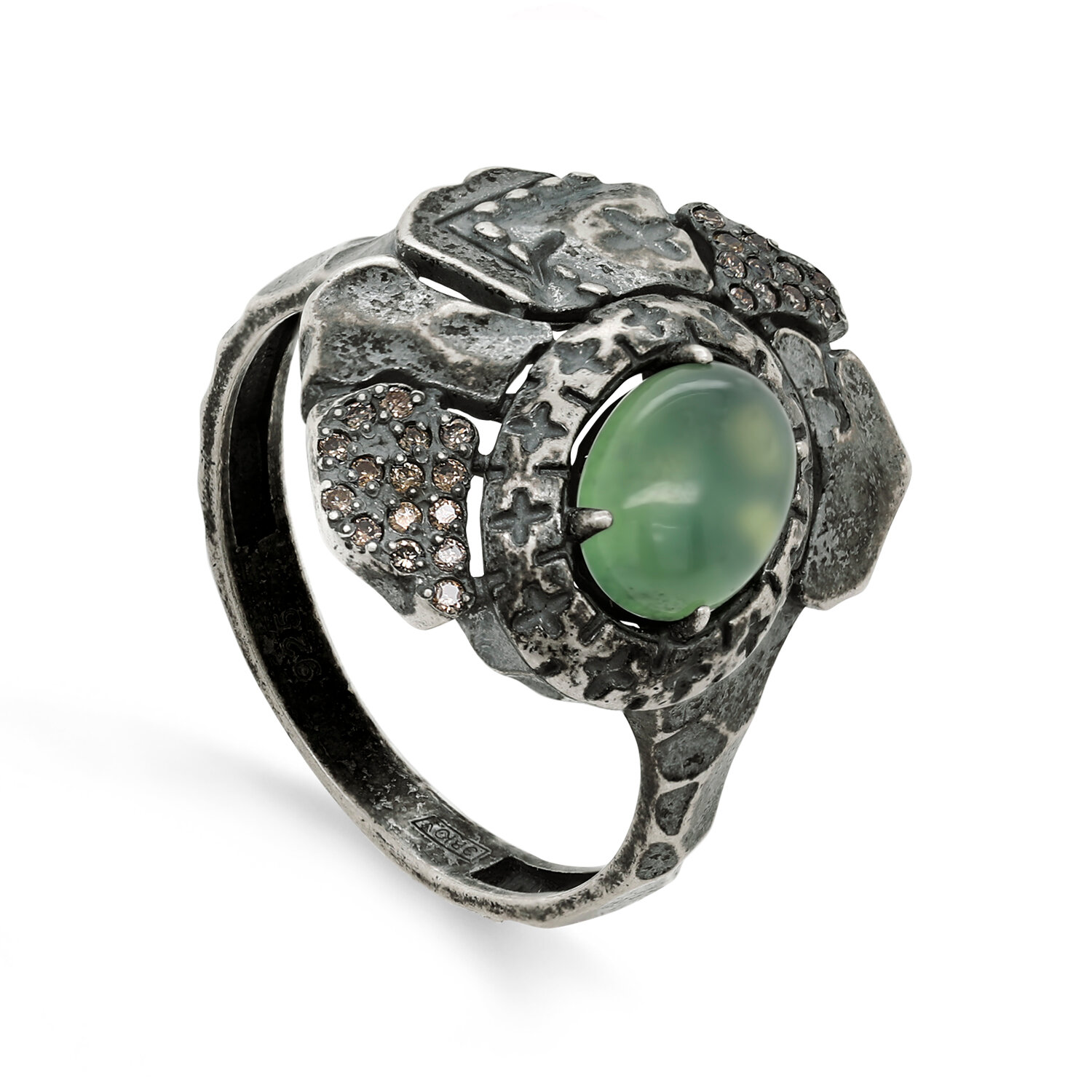 Кольцо, серебро, 925 проба, бриллиант, змеевик