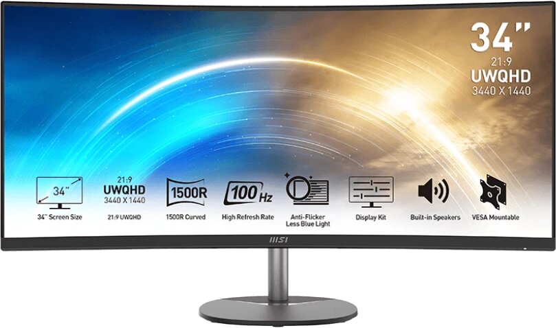 Монитор 34" MSI PRO MP341CQ VA 3440x1440, 100 Гц, 1 мс, 21:9, 300 кд/м², 2xHDMI 2.0b, DP 1.2a, 3.5 Jack, динамики (2x2 Вт), изогнутый экран (1500R), FreeSync, черный
