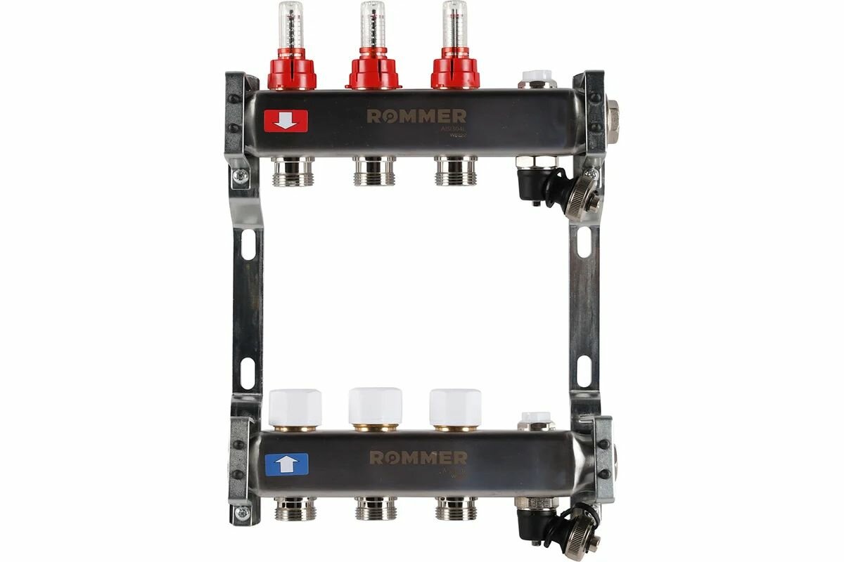 Коллектор ROMMER для теплого пола из нержавеющей стали с расходомерами, с клапаном и сливом 3 контура RMS-1201-000003