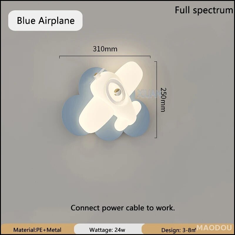 Настенный светильник XIUAN Самолет детский 220В, Connect Power cable, Remote Control, 3 Color Temperature, Blue