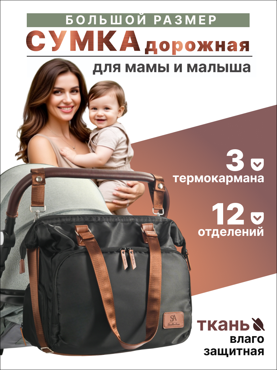 Сумка для мамы и малыша дорожная с термокарманами и для мокрых вещей