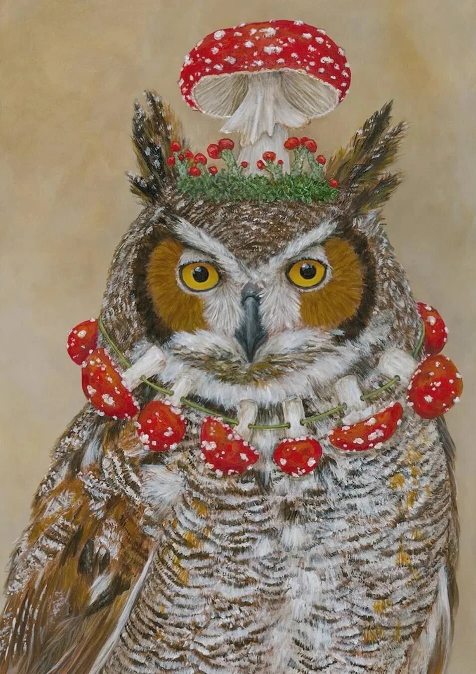 Печать на холсте "Сова с грибами", фиолетовый, 30x40 см