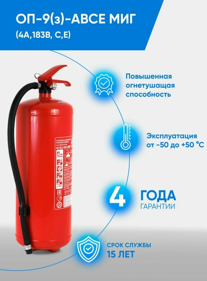 Профессиональный порошковый огнетушитель ОП-9(з) МИГ (4А, 183В)