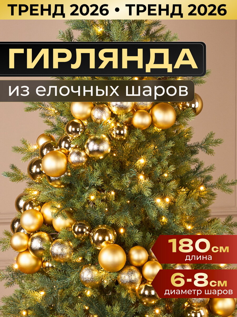 Гирлянда из елочных шаров Золотистые Искры - Winter Gems 180*17 см, пластик, Winter Deco, 1097080
