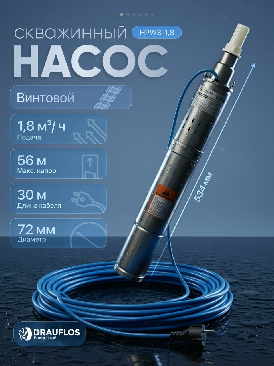 Скважинный погружной винтовой электронасос Drauflos 3 дюйма; 1800 л/час; напор 56м; кабель 30м с евровилкой; патрубок 1 дюйм