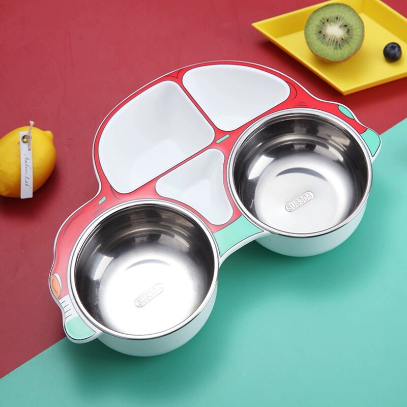 Детская тарелка для ужина, разделенная на секции, из нержавеющей стали, с защитой от падения, с рисунками, миска и