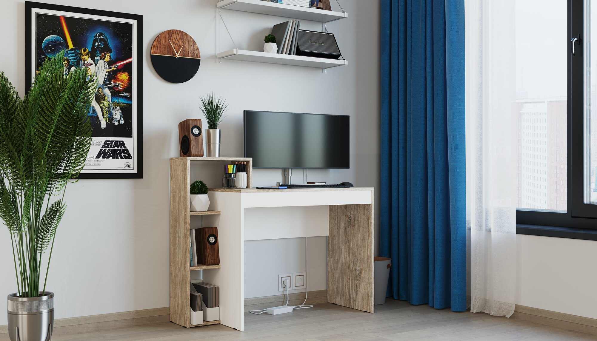 Письменный стол Мебельная фабрика Volodin&Co, ЛДСП, с полками, дуб вотан/белый