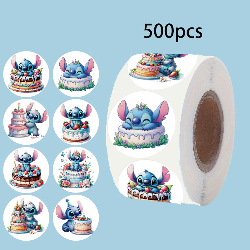 Детские поощрительные наклейки для творчества в рулоне "Stitch/Стич и торт", диаметр 2,5 см,500 наклеек в рулоне.