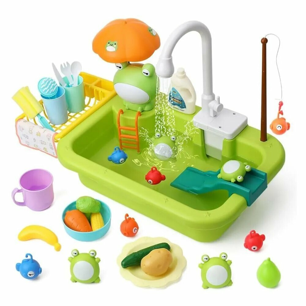 Раковина детская с водой и насосом для игры в кухню, 23 элементов, Зеленый, Лягушка