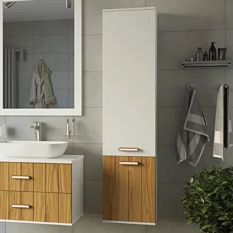 Шкаф-пенал для ванной Brevita Alskar L подвесной, 40 см, белый, светлое дерево, глянцевый, матовый, с дверками, из МДФ, фурнитура золото