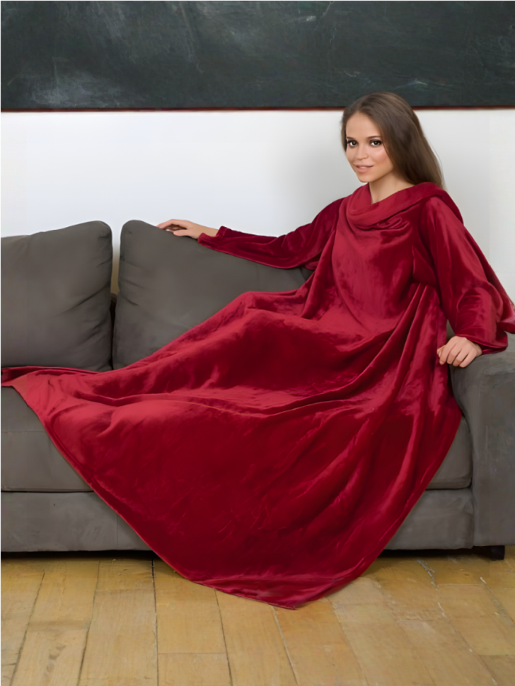 Бордовый теплый плед с рукавами (200 х 150 см) из велсофта