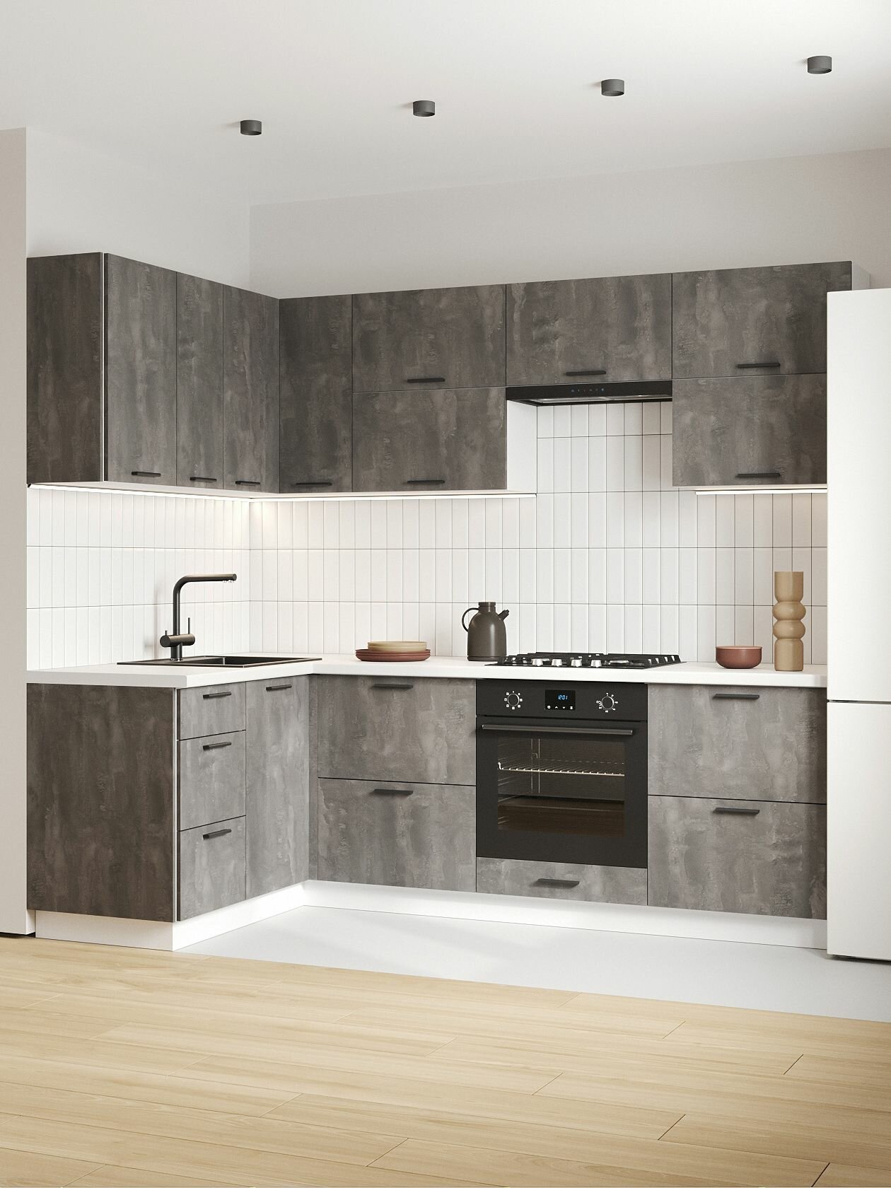 Кухонный гарнитур угловой Урбан 2.4х1.4 м, мебель для дома и кухни, Белый / Камень темный