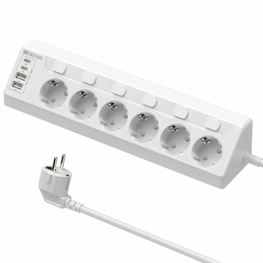 HITRENDS Удлинитель с 6 розетками и 2 USB + 2 Type-C, индивидуальные выключатели, защита от перегрузки, 4000W 16A 250V, огнестойкий и пылезащитный, кабель 2 м
