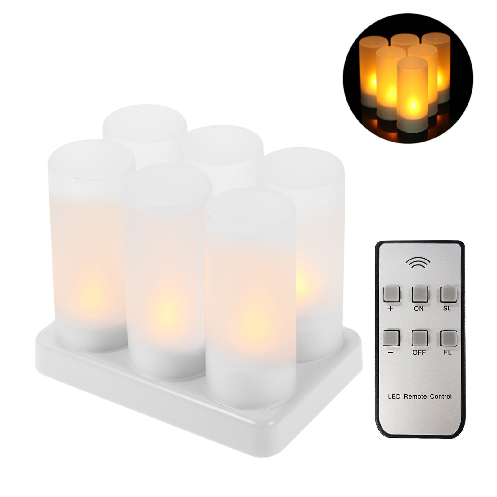 6 штук Зарядных Безжарных Свечек с Дальнейшим Управлением Реалистичными Мерцающими Желтыми LED Беспроводными Свечками-Тильями с Матовыми стаканами, Базой для Зарядки Электрическими Светодиодными Свечами для Декора Рождества, Праздников, Свадьбы, Вечеринок