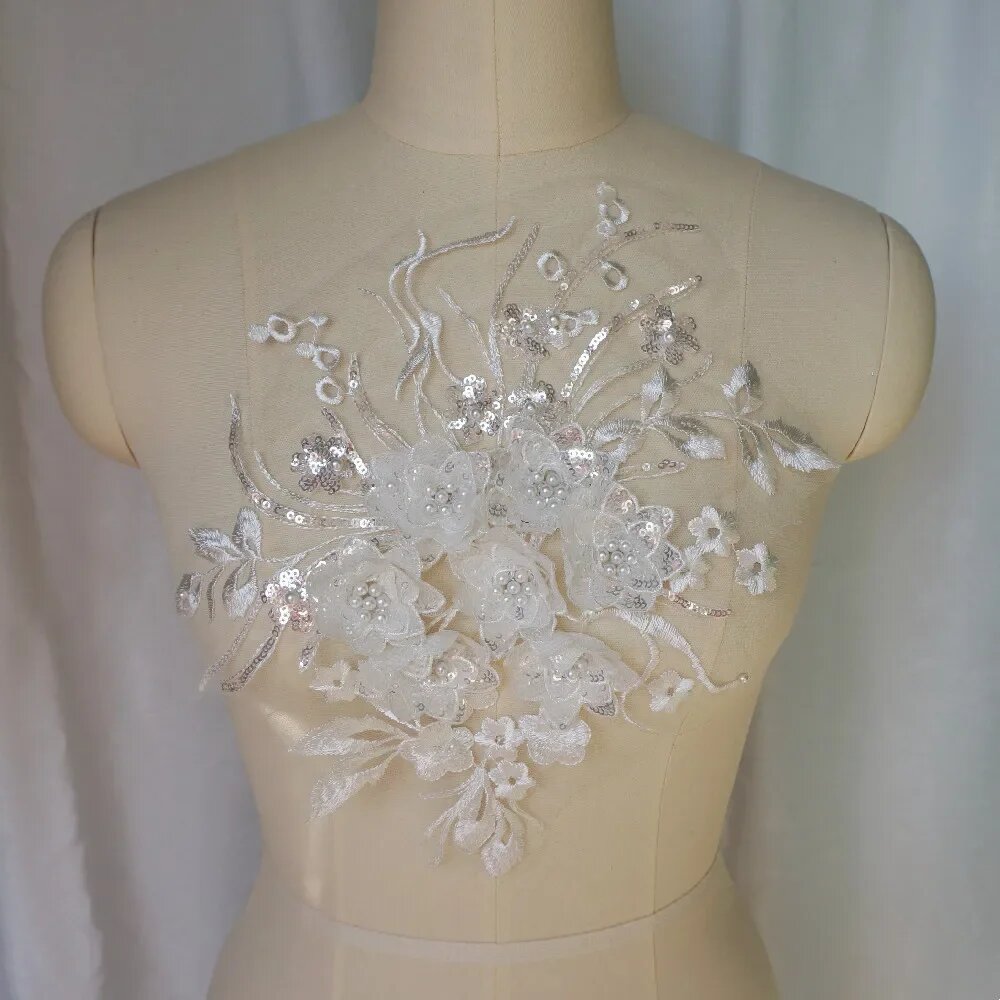 Белый 3D цветок кружевная ткань бусины блестки кисточка вышитое свадебное платье аппликации воротник шить нашивка для свадебного украшения DIY