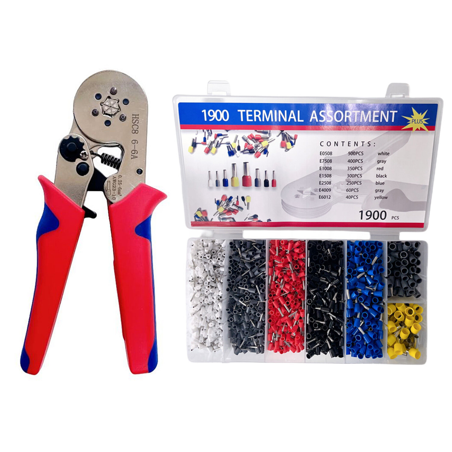 Набор инструментов для калибровки, калибровочный наконечник, включая 1900 штук изолированных наконечников для проводов, самонастраивающийся калибровочный набор инструментов HSC8 6-6A 0.25-6mm², 23-10 AWG, синий цвет