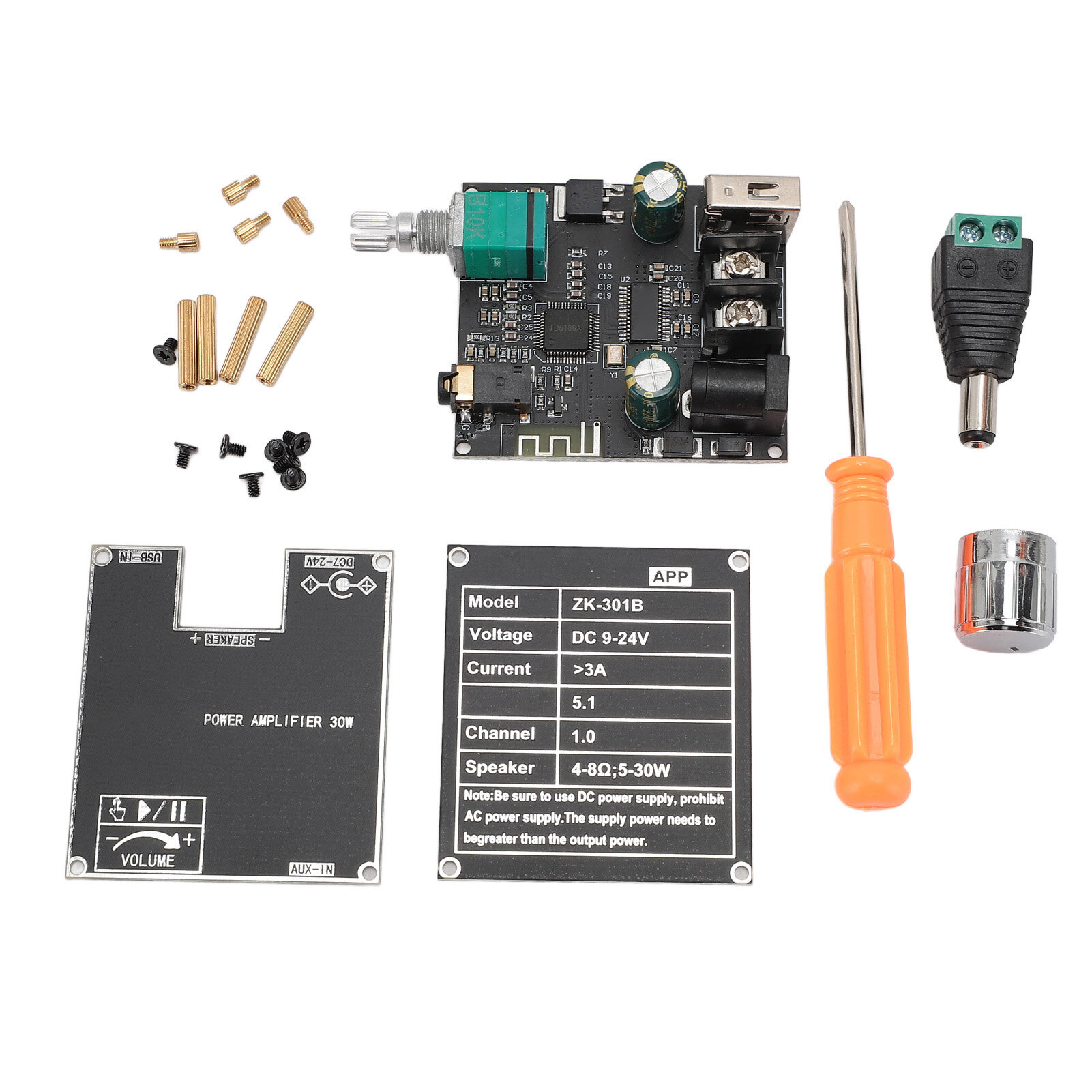 Плата усилителя ZK-301B Mono Bluetooth 5.1, модуль усилителя мощности 30 Вт, чип TPA3110D2, постоянный ток 9–24 В, 3 А, функция беспроводного стерео, поддержка приложения