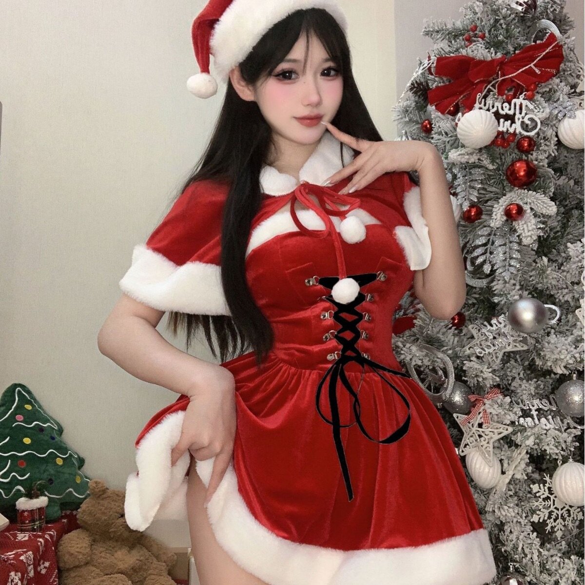 Бархатное платье на Хэллоуин, костюм для косплея девушки-зайчика, рождественский костюм, новогодняя боевая мантия. Платье + шапка Санты + шаль.