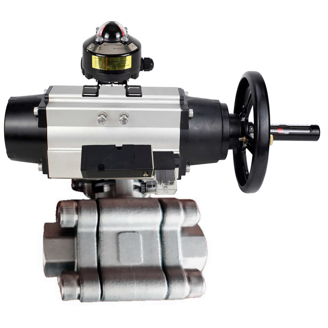 Кран шаровой DN.ru 316-316-PTFE-FP-SW-ISO-H Ду100 Ру63 полнопроходной, корпус - нержавеющая сталь SS316, под приварку, с пневмоприводом DA-105-1, пневмораспределителем PND2-S1EM-52-1NC-J08-220VAC, БКВ LSB-510-02ExM12-250 (опрессовано)