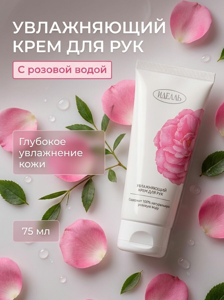 Крем для рук увлажняющий с розовой водой, глубокое питание и восстановление, 75 мл