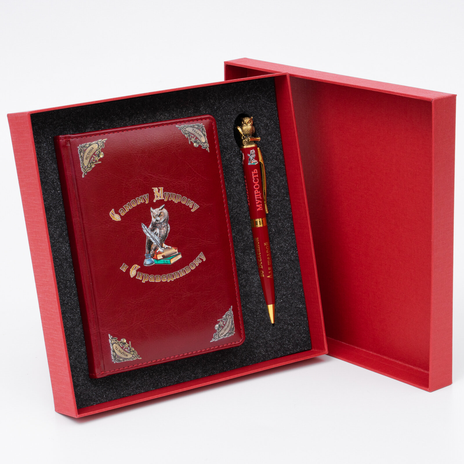 Ручка «Сова» с блокнотом в футляре, красная РБ-01К-сова