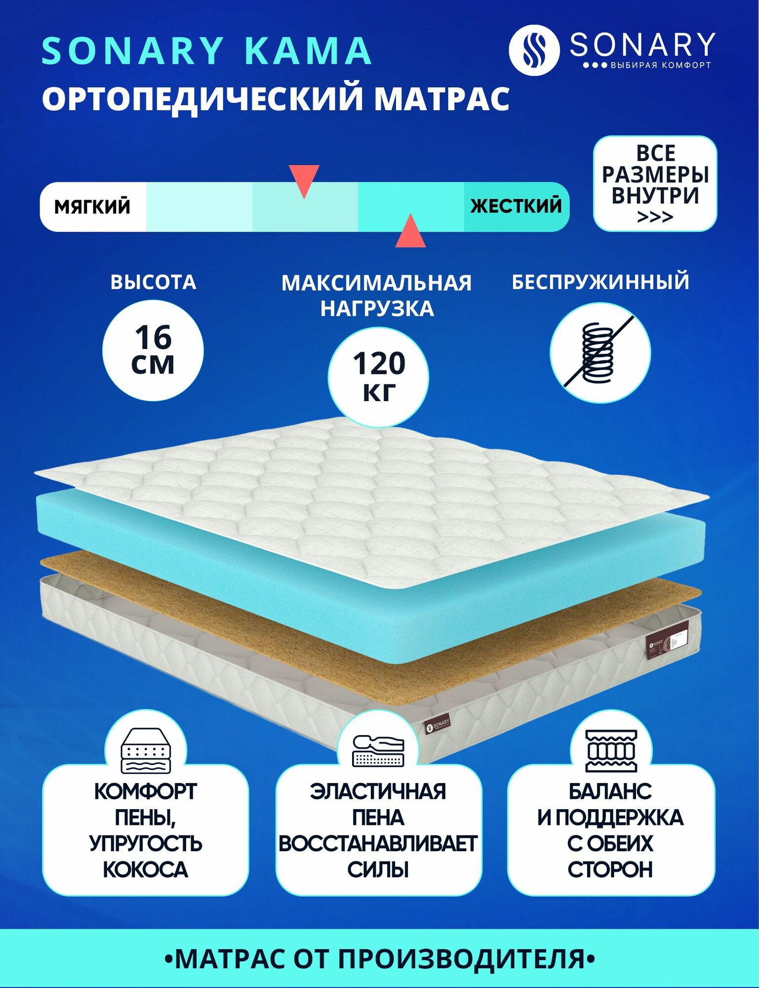 Матрас Sonary Kama 70х180 серии Solid высота 16 см анатомический средней жесткости кокосовый Беспружинный