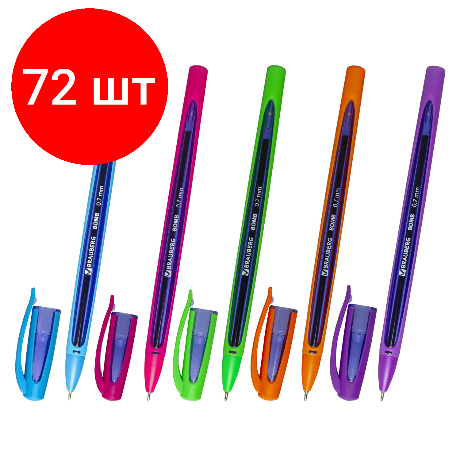 Комплект 72 шт, Ручка шариковая масляная BRAUBERG "BOMB GT Color", синяя, прорезиненный корпус ассорти, узел 0.7 мм, линия письма 0.35 мм, 143346