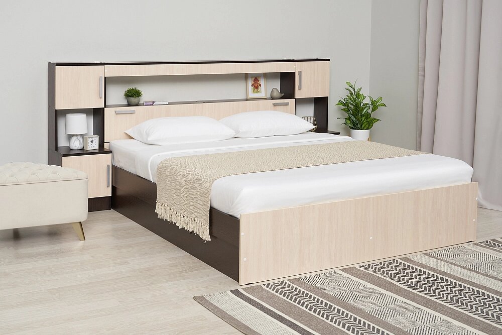 Кровать двухспальная с надстройкой и тумбами 160х200 см, Бассо, Бася, 233.5х222.9х101.6 см, ЛДСП, Венге / Дуб беленый