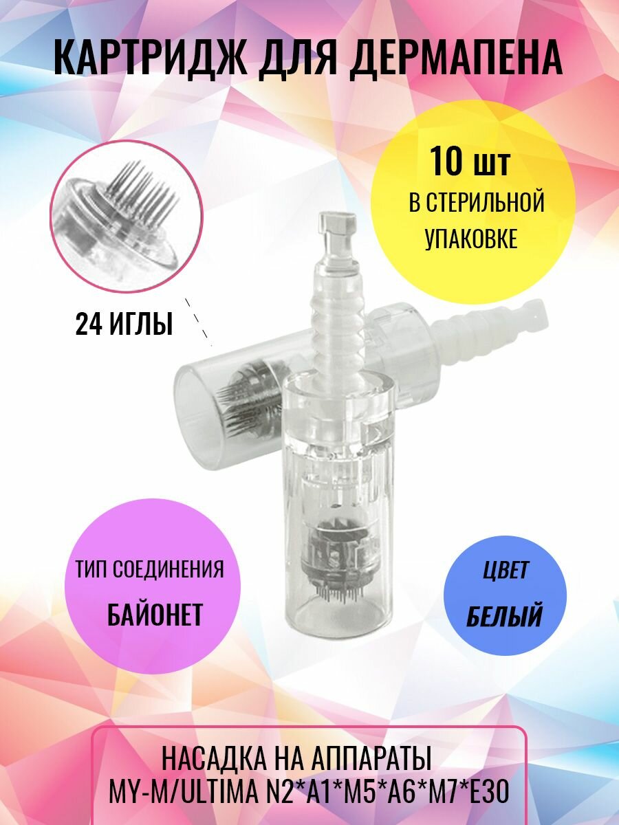 Картридж Байонет на 24 иглы 10 шт. Насадка для дермапенов и мезопенов DERMA PEN: My-M, Ultima A1, N2, M5, A6, M7, E30 Прозрачный Bayonet white cartridge 24 needle 10 pcs.