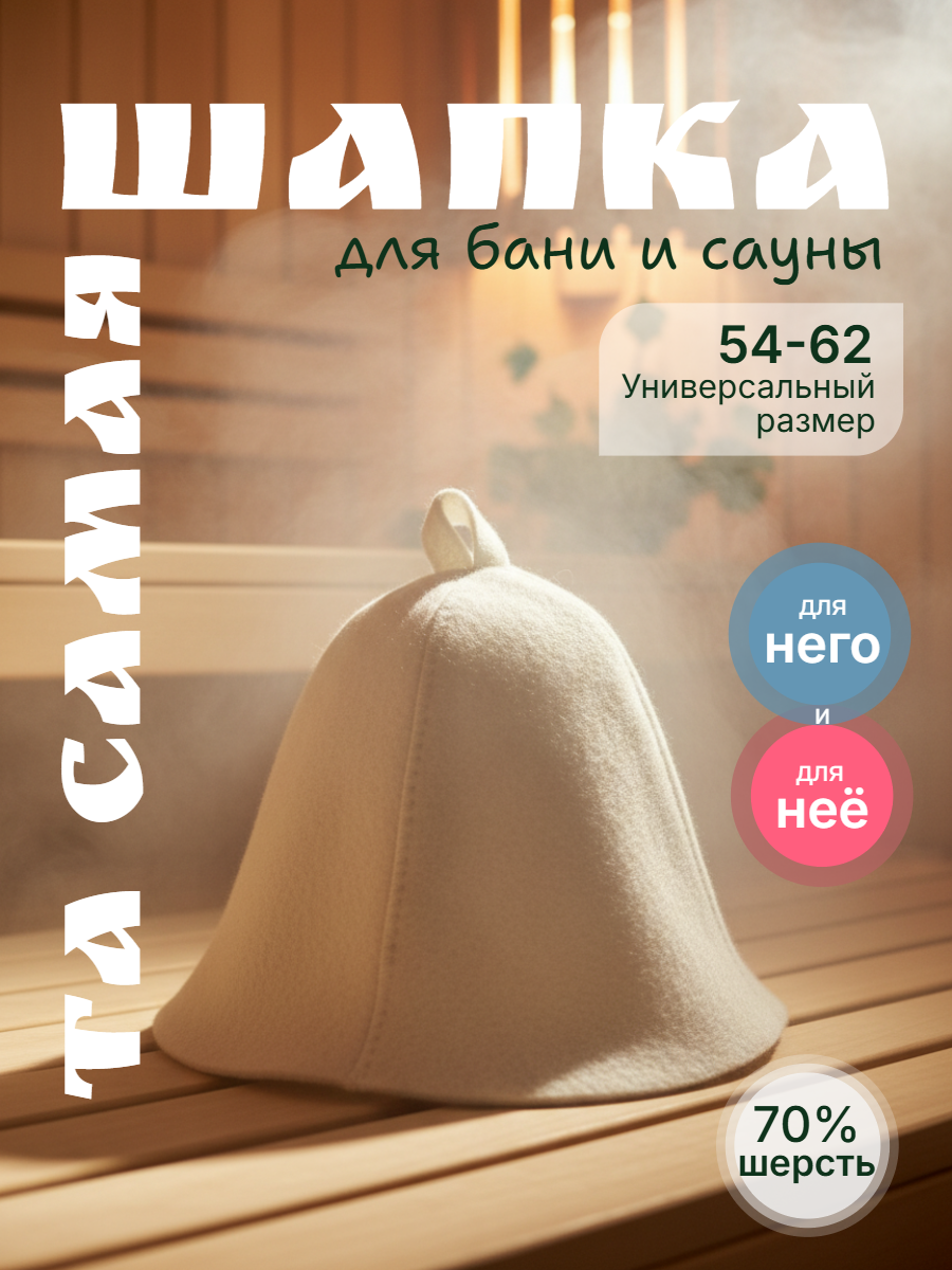 Шапка для бани и сауны мужская/женская из шерсти мериноса, универсальный размер 54-62, белая без надписей