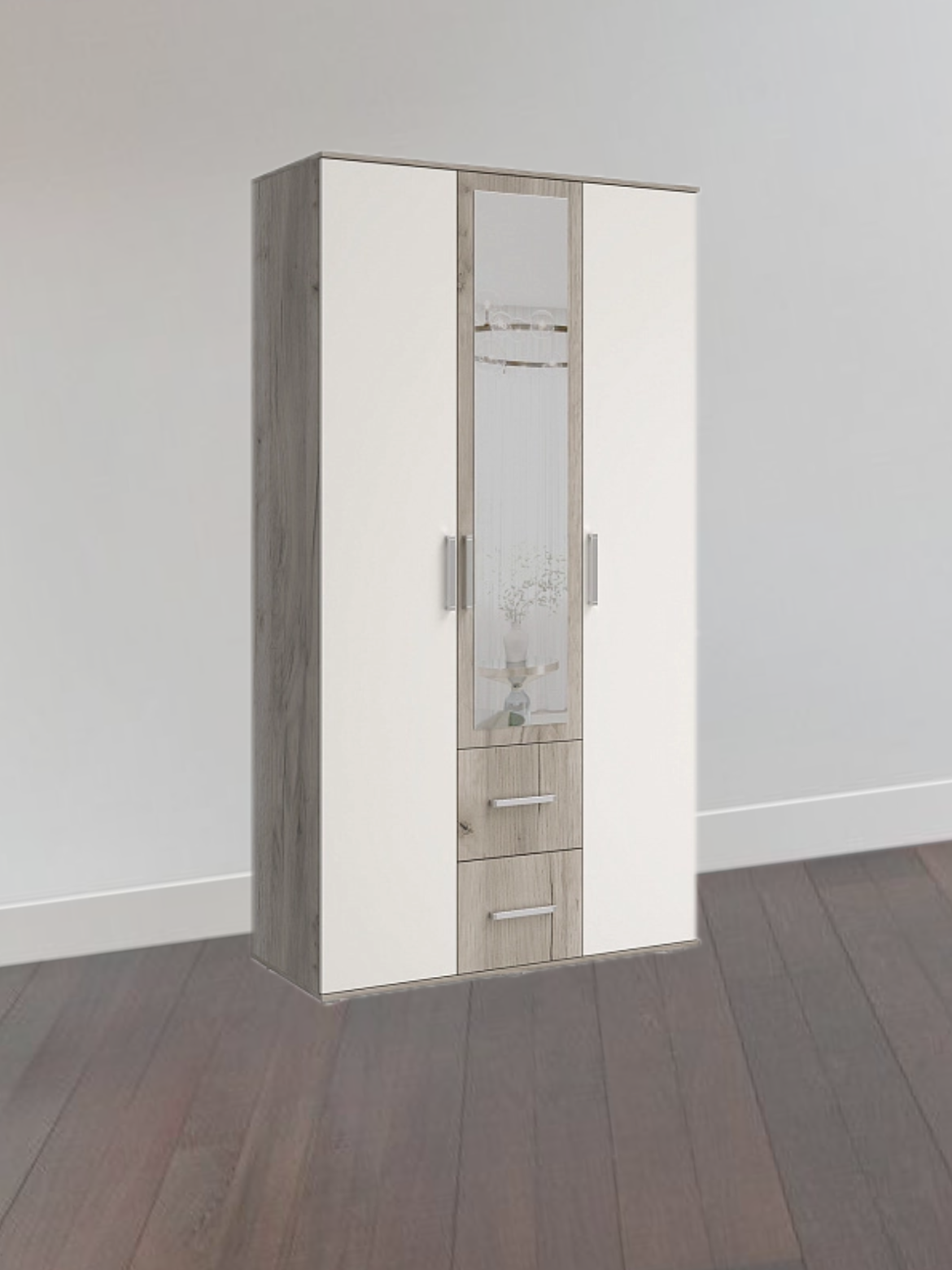 Шкаф трехстворчатый, зеркало 7 полок 3 штанги 2 ящика, Фиеста New (Нью), 120х223.6х51 см, Дуб Крафт серый / Кашемир