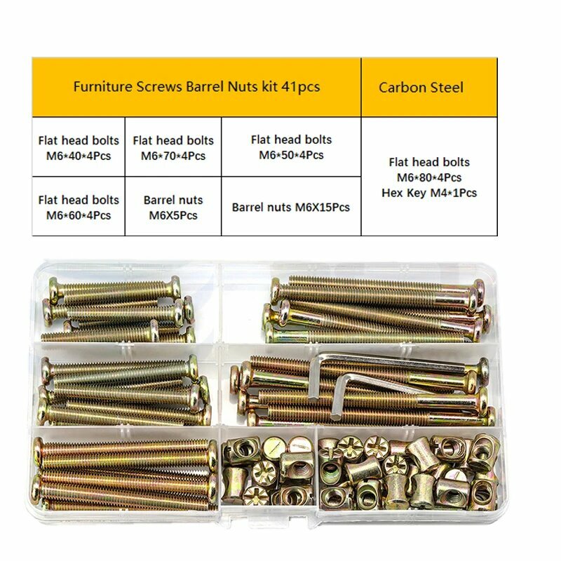 Набор винтов для мебели с шестигранной головкой и плоской головкой, набор винтов для детской кроватки, набор фурнитуры для детской кроватки, углеродистая сталь M6