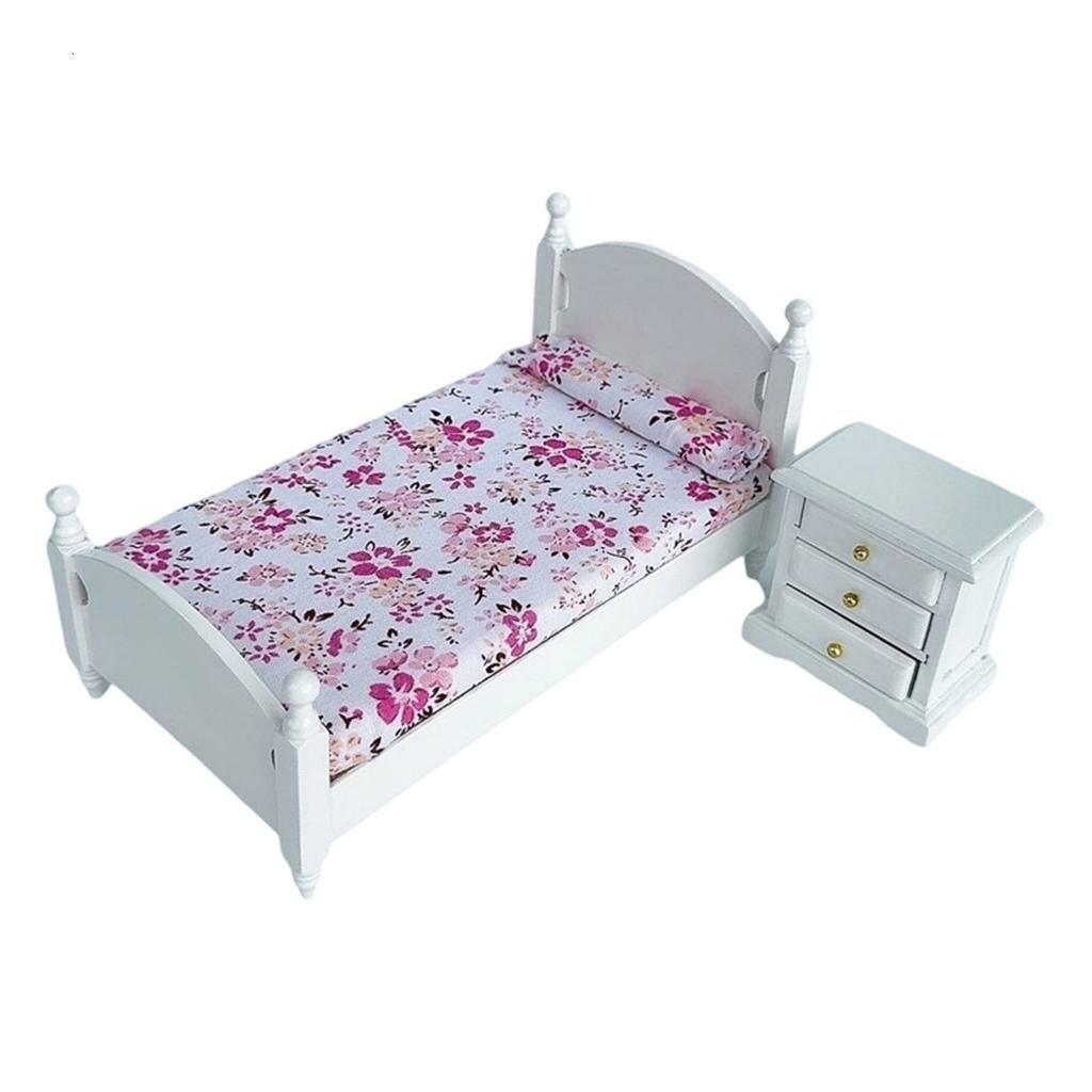 Миниатюрная кровать и тумбочка для кукольного домика, Feihua single bed