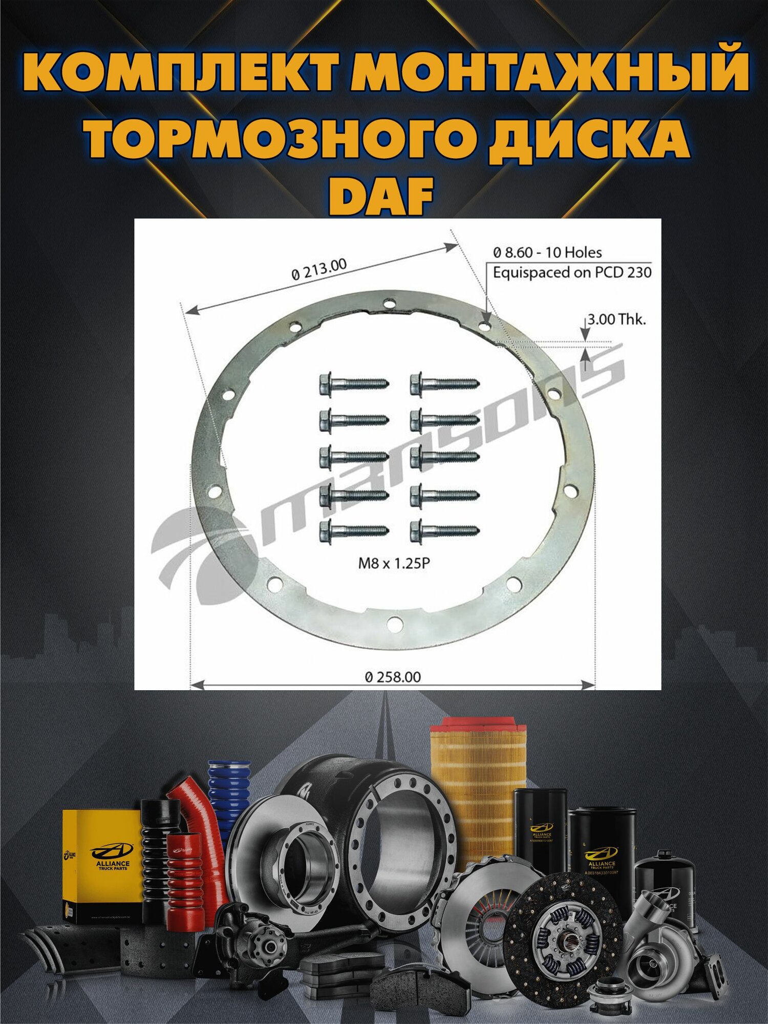 Комплект монтажный тормозного диска DAF (кольцо 213х258х3, 10 болтов М8х1,25х38)
