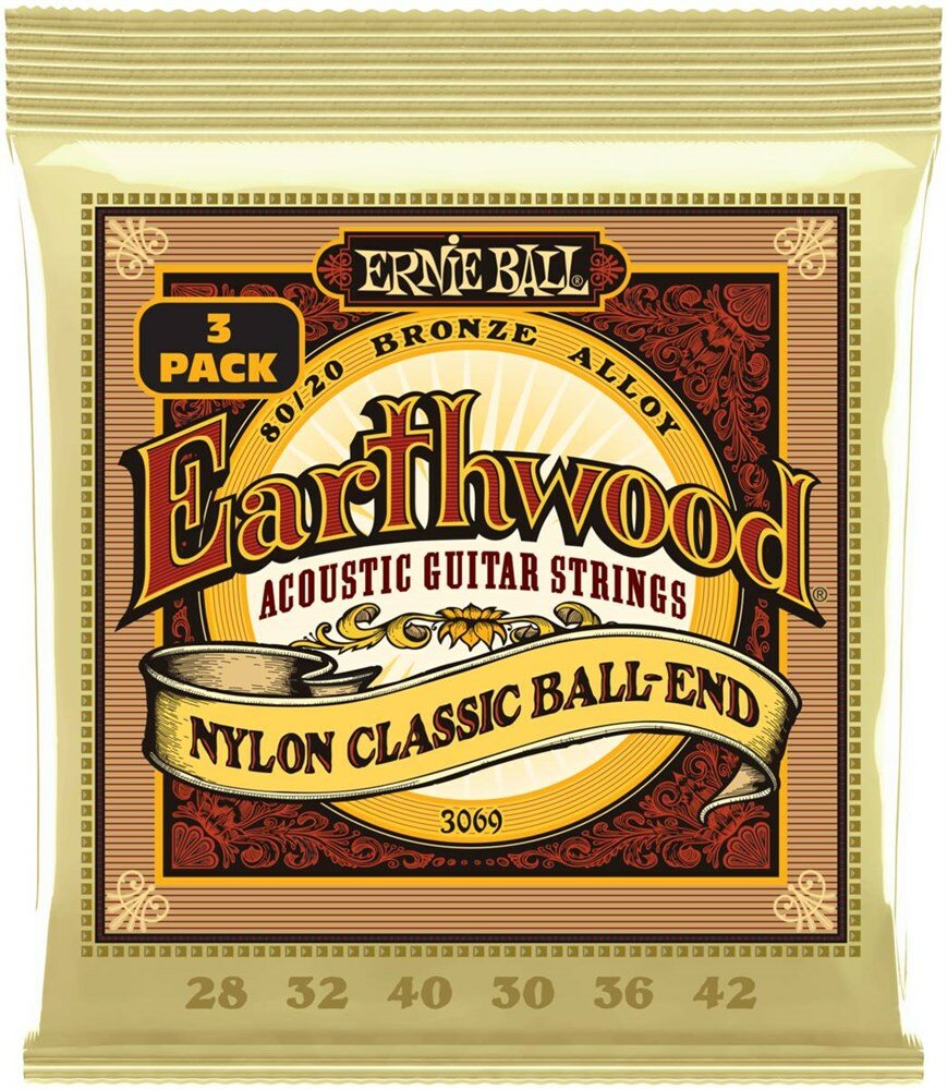 ERNIE BALL 3069 Earthwood 80/20 Folk Nylon 3 Pack 28-42 - Струны для классической гитары
