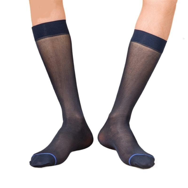 Мужские нейлоновые деловые чулки до колена, синие в полоску, Темно-синий