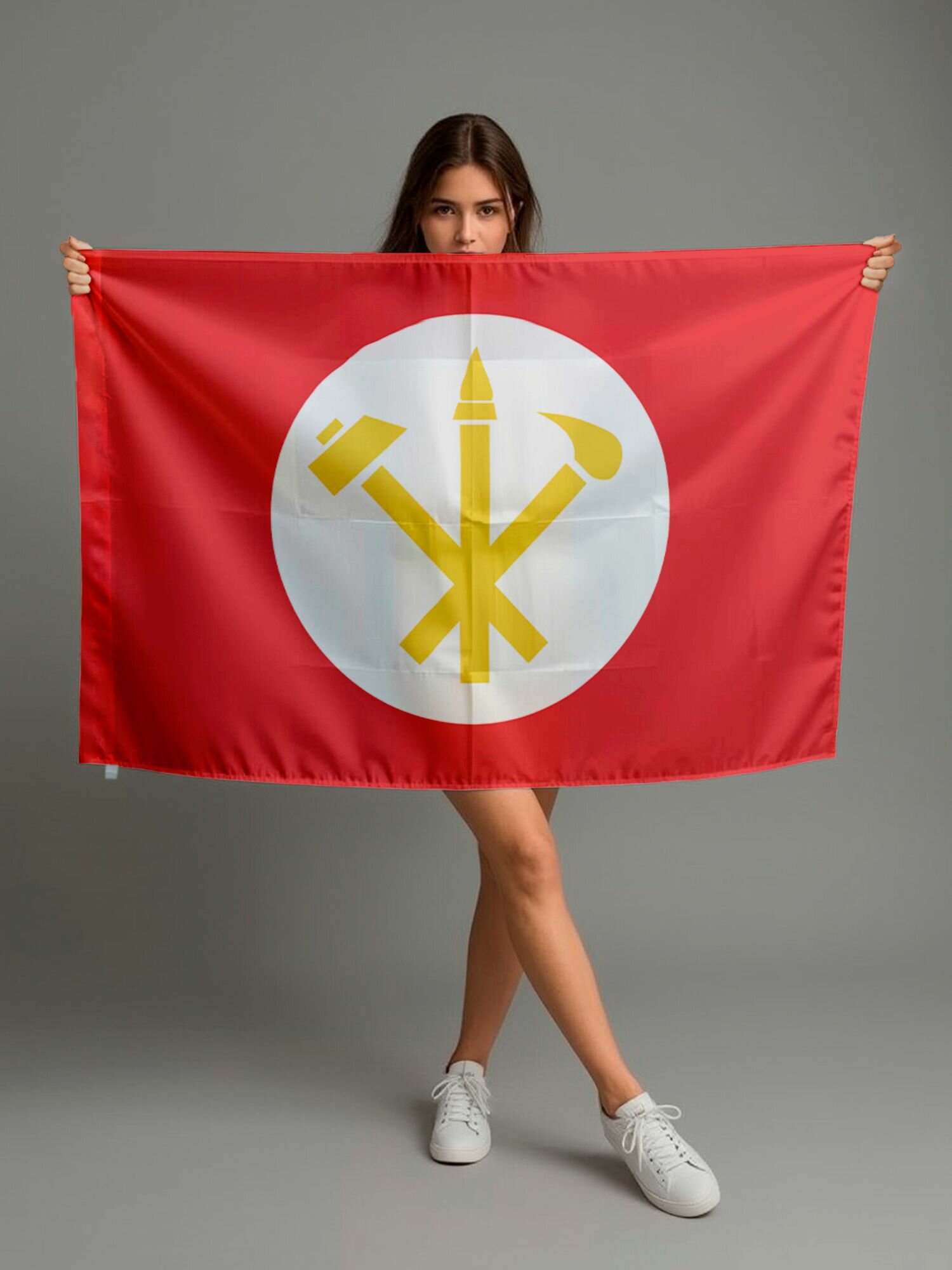 Флаг Чучхе Трудовая партия Кореи, 90х135 см на шёлке для ручного древка