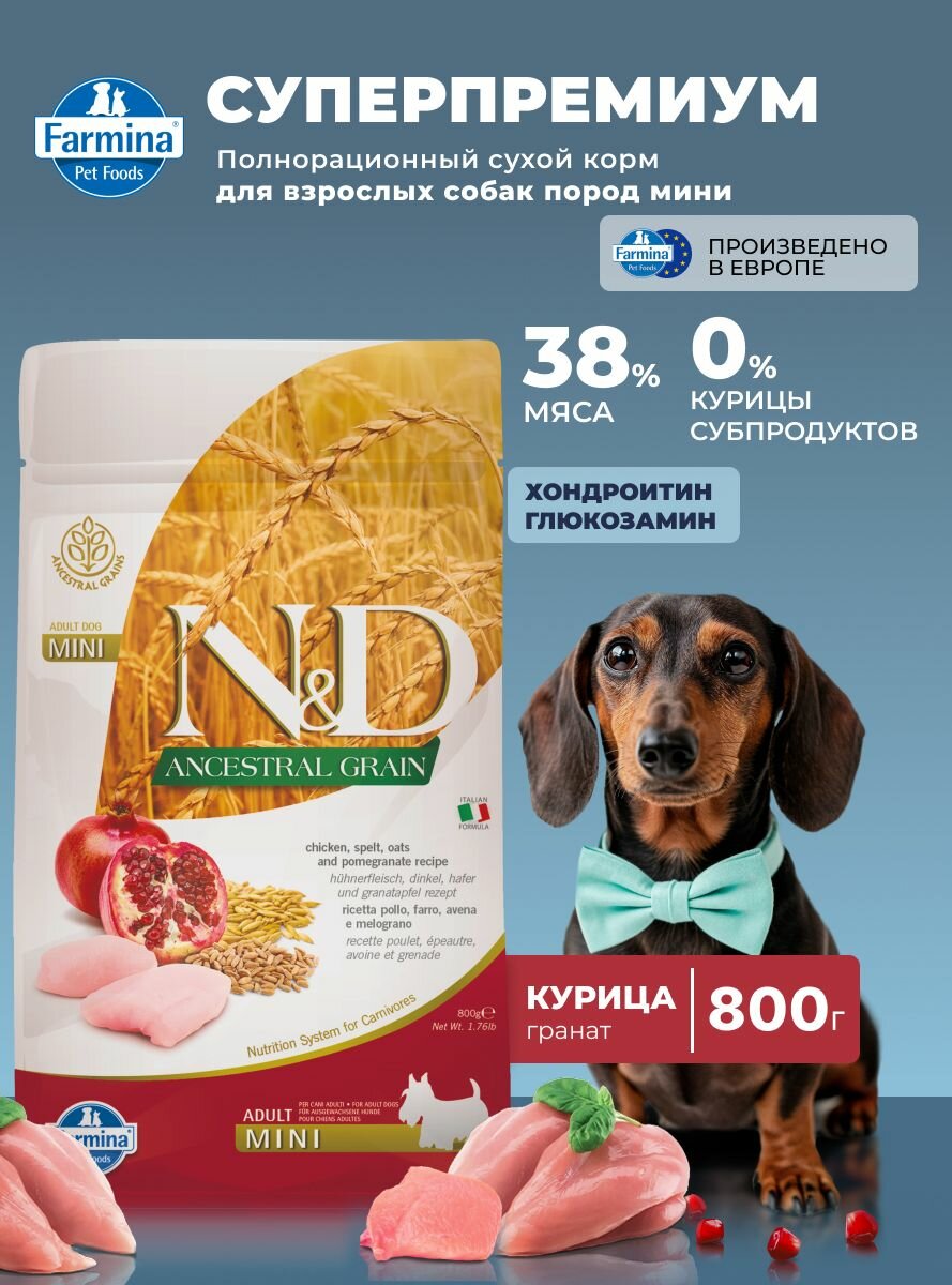Сухой корм Для собак Мини 800 г Курица Farmina Ancestral Grain Для взрослых