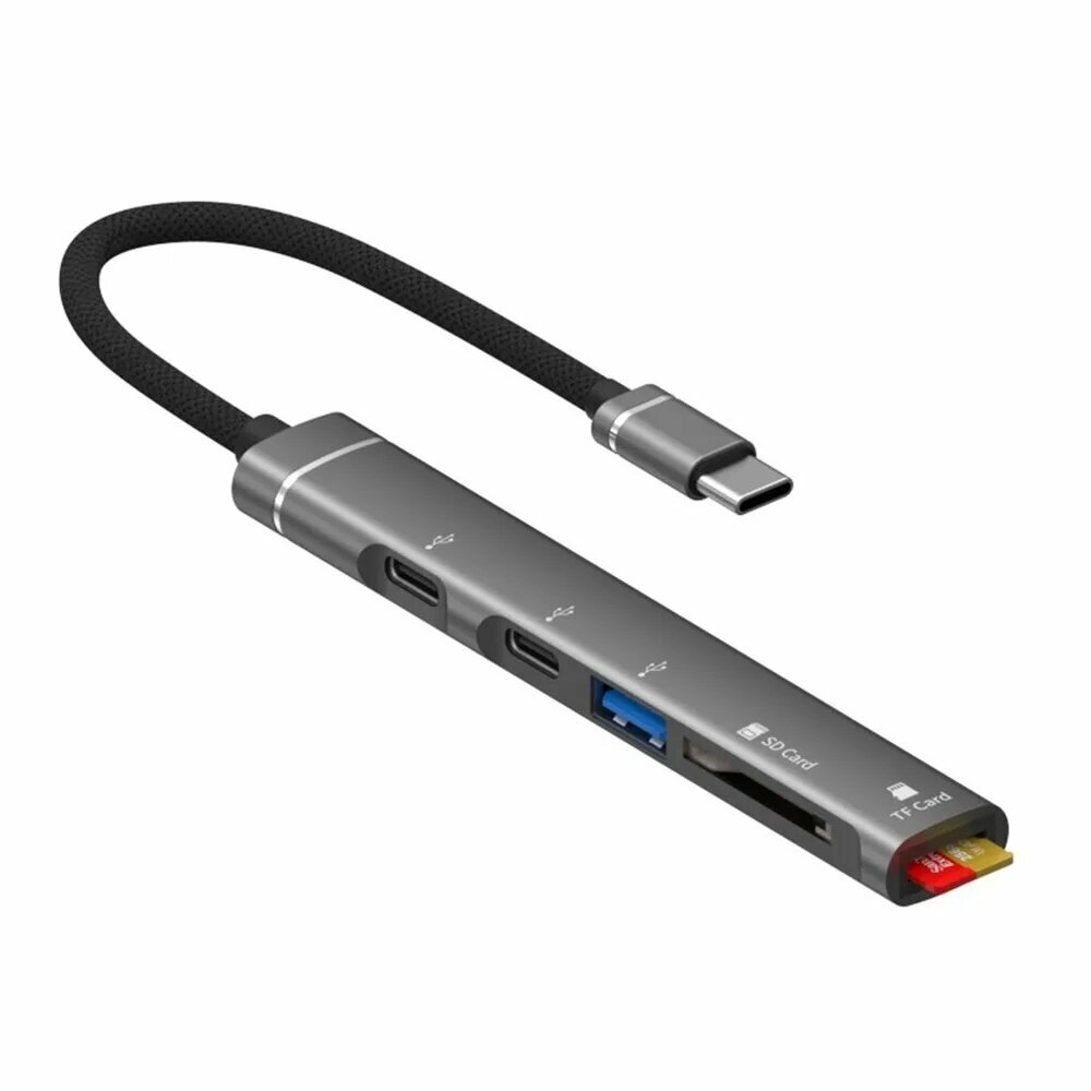 USB-концентратор, адаптер USB-C 5 в 1 со слотом для чтения карт памяти USB3.0/SD/TF/2* USB C 2.0, порт передачи данных Type-C со скоростью 480 Мб/с.