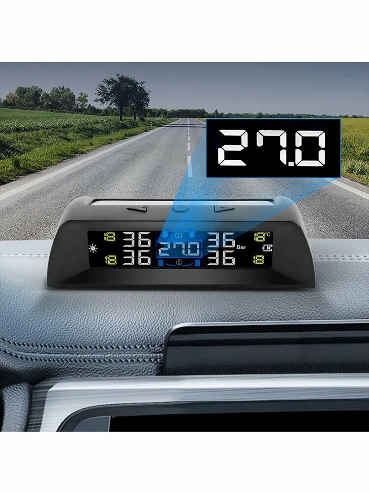 TPMS Система контроля, давления в шинах Солнечная автомобильная сигнализация Пресс-сигнал, ЖК-дисплей Предупреждение о температуре, с 4 внешними датчиками