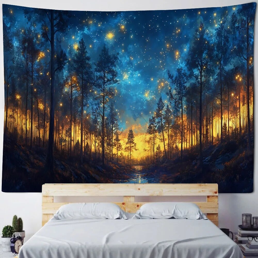 Гобелен пейзаж лес звездное небо 100% полиэстер 150x100cm, Коричневый