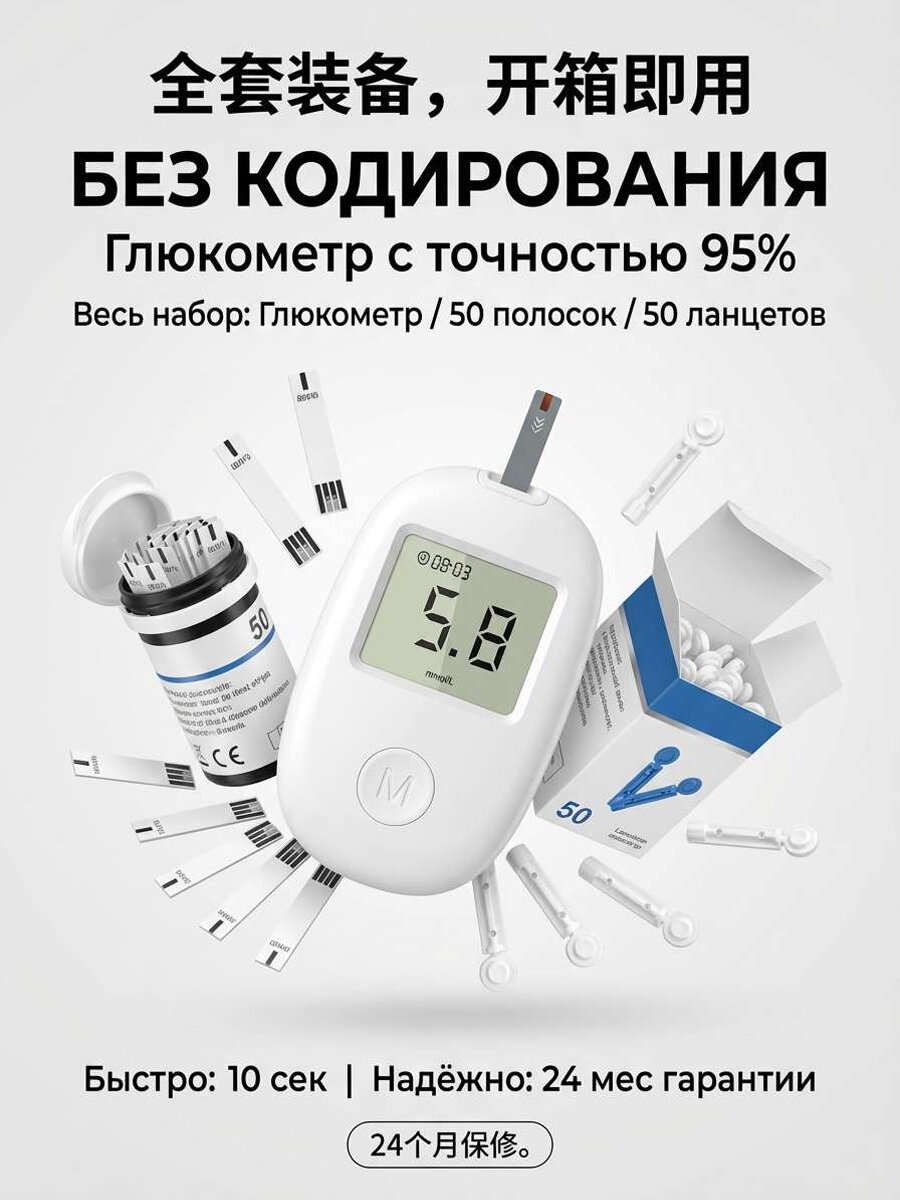 Глюкометр + 50 тест-полосок + ланцетов в наборе, измеритель сахара в крови, мониторинг глюкозы при сахарном диабете