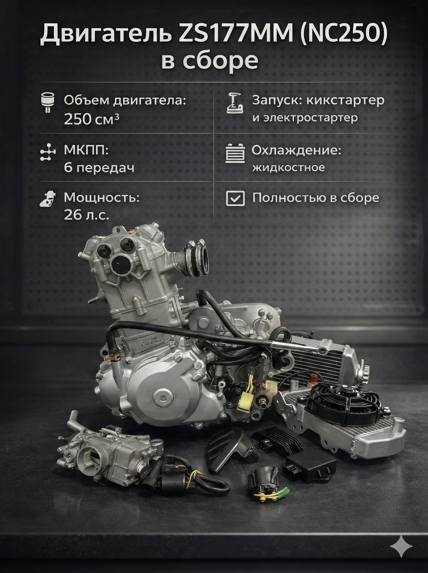 Двигатель ZS177MM (NC250) для эндуро, кроссового мотоцикла в сборе