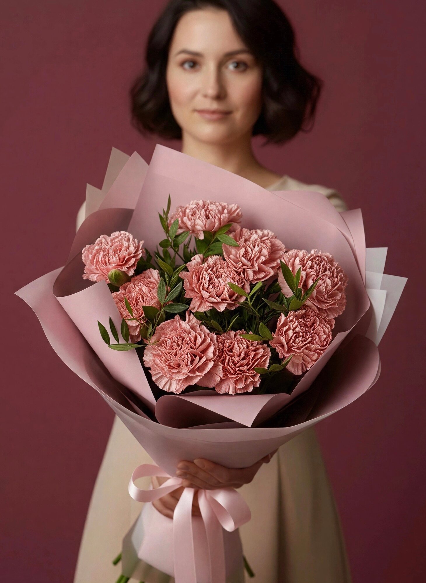 Монобукет диантусы 9шт, в дизайнерской упаковке с зеленью фисташки