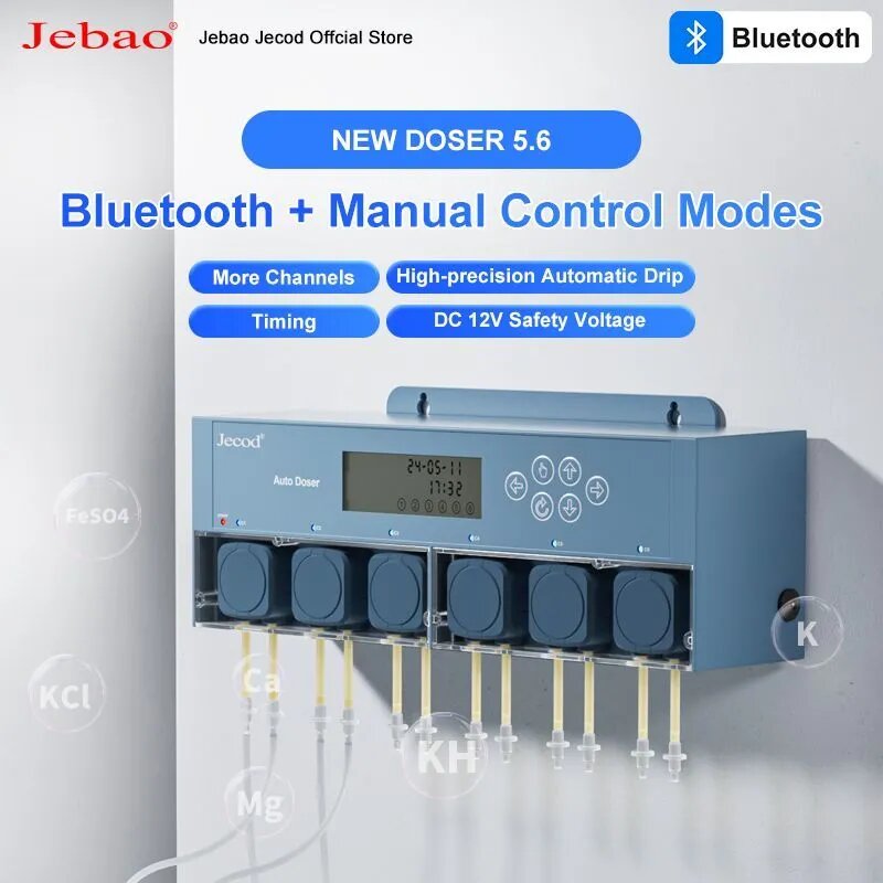 Jebao Jecod DOSER-5.6, насос-дозатор для аквариумов, можно управлять им с помощью подключения Bluetooth к приложению и кнопками, предназначен для инelligentного добавления питательных веществ.