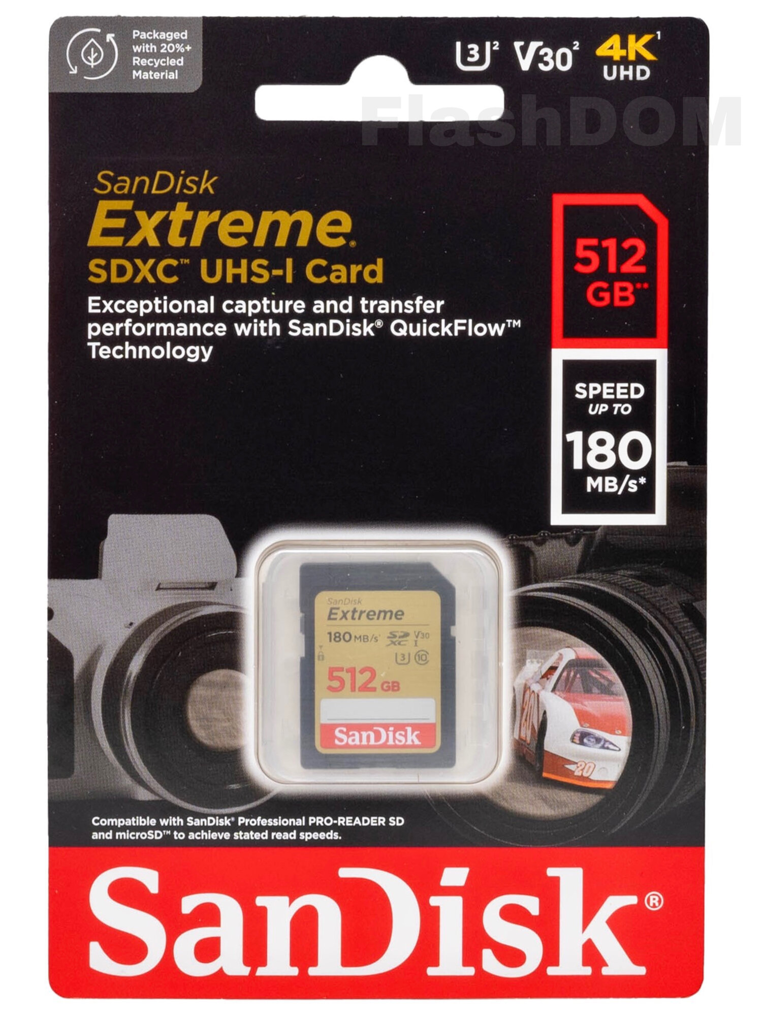 Карта памяти SanDisk "Extreme", 512GB, SDXC, Class 10, UHS-I, U3, V30, 180 МБ/с