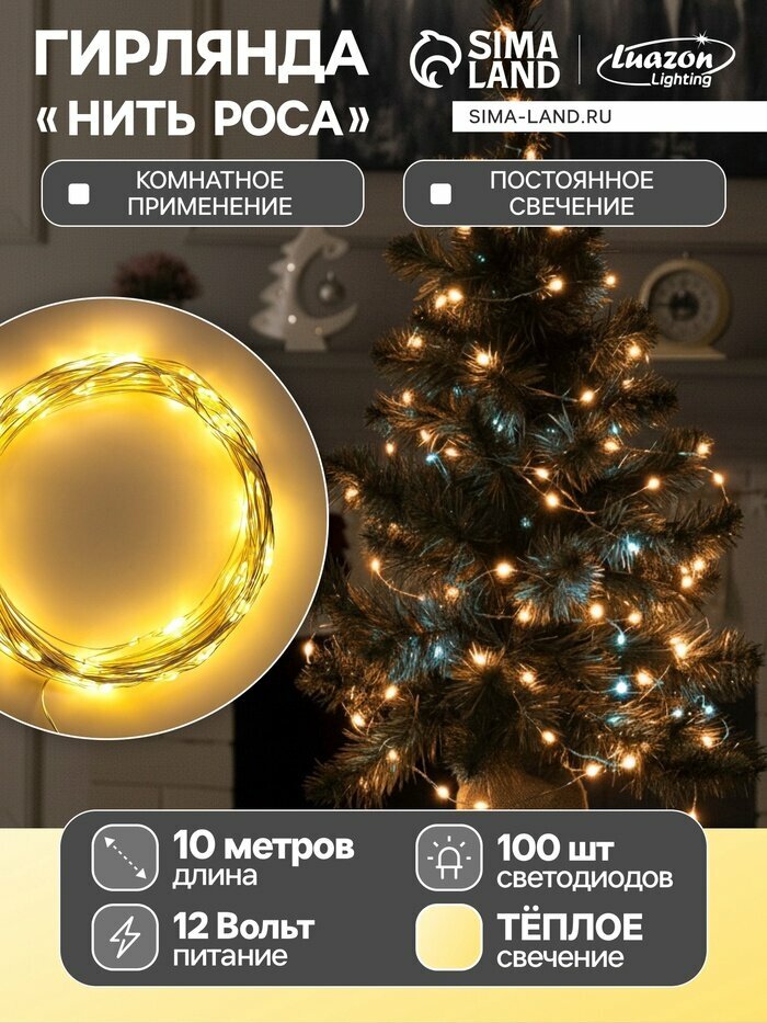 Уценка Гирлянда «Нить» 10 м, роса, IP20, 100 LED, 12 В, серебристая нить, свечение тёплое белое