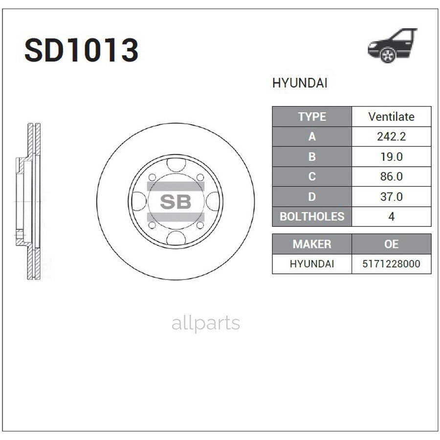 SANGSIN BRAKE SD1013 диск тормозной SD1013 (51712-28050, 51712-28000)