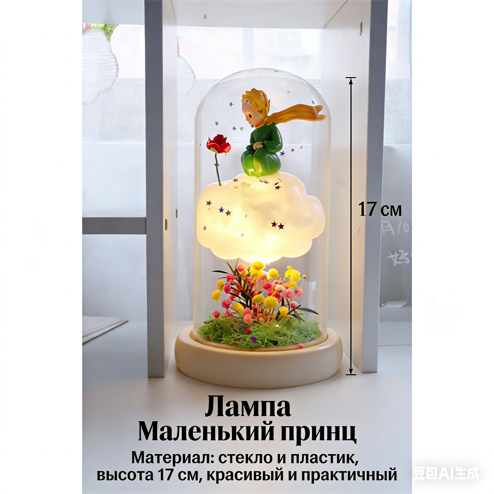Ночник “Маленький принц”, выполненный из стекла и пластика, высотой 17 см, красивый и практичный