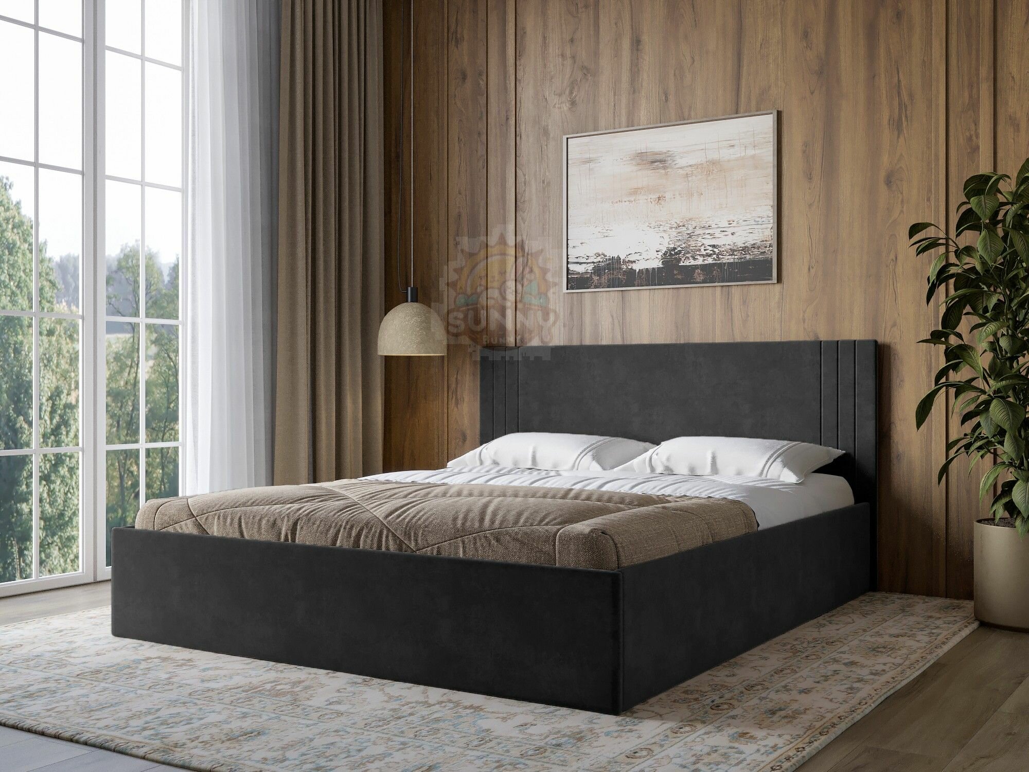 Двуспальная кровать Венеция 200х190 см, ортопед осн, ЛДСП (Teddy 021 Древесный уголь)